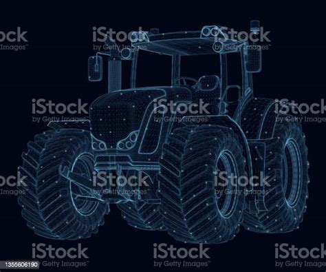 어두운 배경에 고립 된 빛나는 조명과 파란색 라인으로 만든 큰 트랙터의 와이어 프레임 원근보기입니다 3d 벡터 일러스트레이션 트랙터에 대한 스톡 벡터 아트 및 기타 이미지