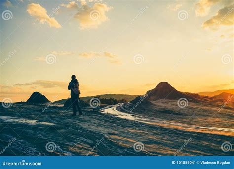Woman Hiking At Muddy Volcanoes Stock Image Image Of Muddy Outdoors