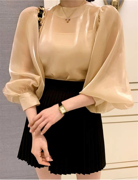 시스루 펄 퍼프 블라우스