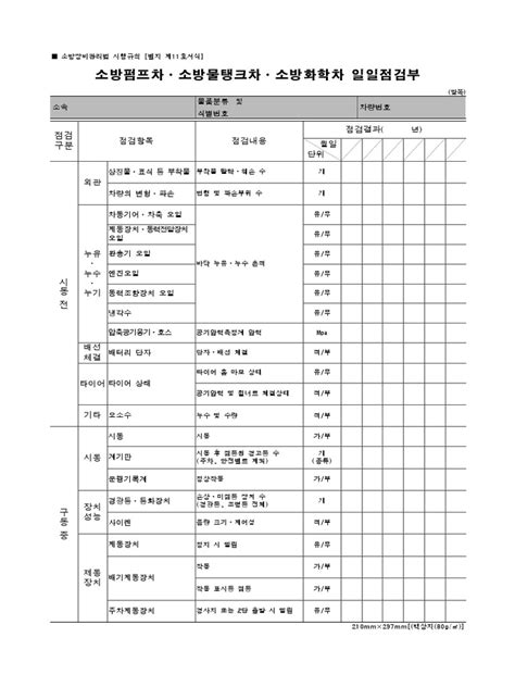서식 11 소방펌프차ㆍ소방물탱크차ㆍ소방화학차 일일점검부 Pdf