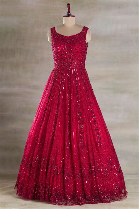 Buy Crimson Red Sequins Embroidered Net Reception Gown Online Samyakk