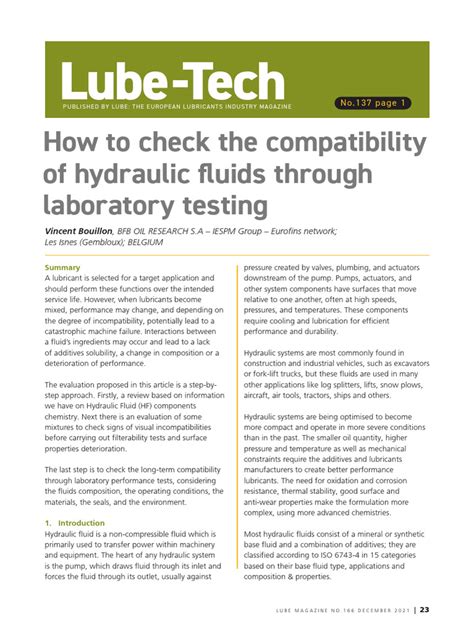 Lube Tech 137 How To Check The Compatibility Of Hydraulic Fluids