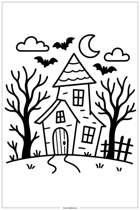 으스스한 나무 실루엣이 있는 유령의 집 색칠하기 페이지 무료 Pdfandpng 인쇄 가능