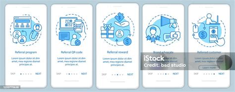 선형 개념으로 모바일 앱 페이지 화면에 온보딩하는 추천 마케팅 도구입니다 5단계 그래픽 지침입니다 고객 매력 유지 Ux Ui 그림이 있는 Gui 벡터 템플릿 5에 대한 스톡