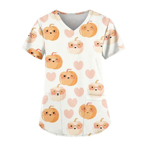 Halloween Working Uniform Shirts For Women Pumpkins Bats Printed V Neck