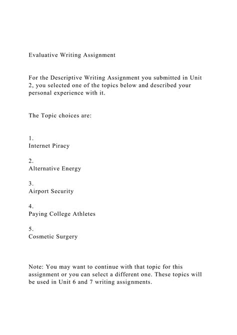 Evaluative Writing Assignment For The Descriptive Writing Docx