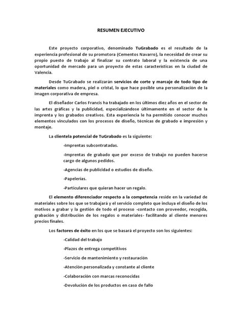 Ejemplo De Resumen Ejecutivo De Un Plan De Negocio Pdf Pdf