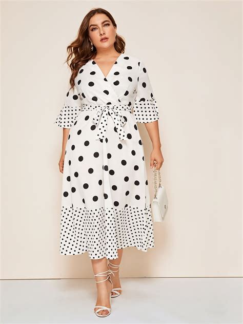 Plus Polka Dot Surplice Front Belted Dress Shein Usa Belted Dress