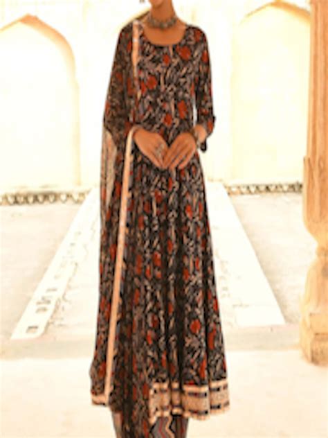 Buy Janasya Women Black Cotton Floral Block Print Kurta With Flared