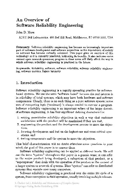 Pdf An Overview Of Software Reliability Engineering