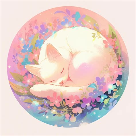 花に囲まれて夢心地で眠るかわいい猫アイコン｜イラスト・フリー素材なら「シンテリ」