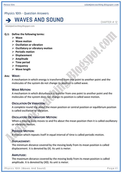 Adamjee Coaching Waves And Sound Question Answers Physics 10th