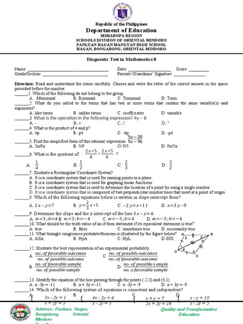 Diagnostic Test In Mathematics 8 Pdf Triangle Mathematical Concepts