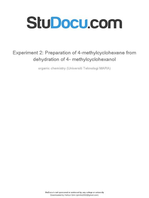 Experiment 2 Preparation Of 4 Methylcyclohexene From Dehydration Of 4
