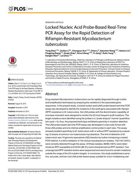 Pdf Locked Nucleic Acid Probe Based Real Time Pcr Assay For The Rapid Detection Of Rifampin
