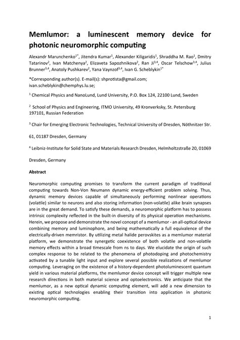 Pdf Memlumor A Luminescent Memory Device For Photonic Neuromorphic Computing