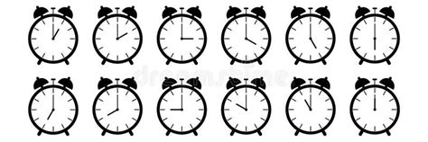 horizontal set of analog alarm clock icon notifying each hour isolated