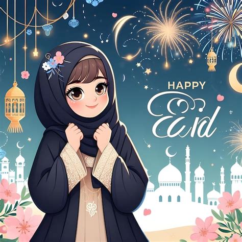 Premium Photo Eid Mubarak Girl Muslims Cartoon Ai Generator