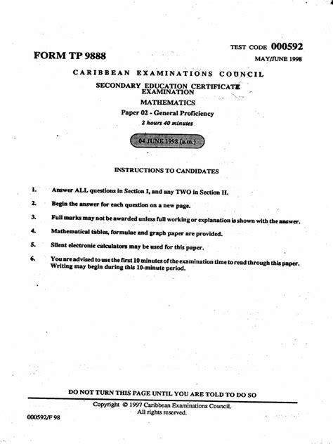 Csec Mathematics June 1998 P2 Pdf Mathematical Concepts