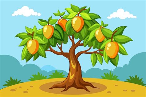 A Vibrant Mango Tree Stands Under A Clear Sky Showcasing Ripe Fruit Among Lush Green Leaves