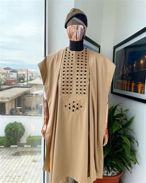 Cream And Black Agbada Babariga 3 Pieces Men Groom Suit African
