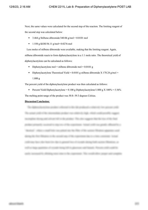 Solution Chem 2211l Lab 8 Preparation Of Diphenylacetylene Post Lab