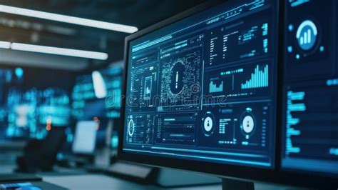 Computer Screen Showing Futuristic User Interface Graphs Statistics Modern Monitoring Room Stock