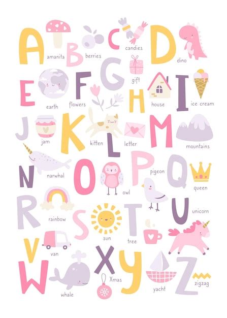 순진한 낙서 그림 Abc 학습 만화 포스터가 있는 아이들을 위한 귀여운 영어 알파벳입니다 프리미엄 벡터