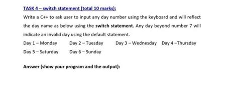Solved TASK 4 Switch Statement Total 10 Marks Write A Chegg