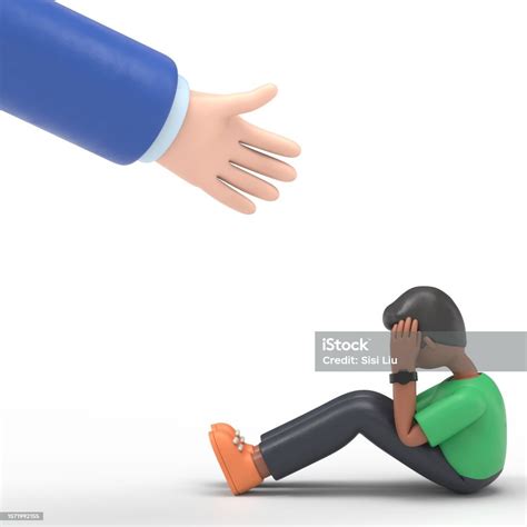 아프리카인 데이비드의 3d 일러스트레이션은 직원에게 도움의 손길을 내밀고 있다 도움을 주기 위해 은유 흰색 배경에 렌더링3d