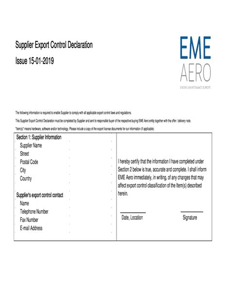 Fillable Online Supplier Export Control Declaration Fax Email Print