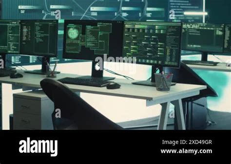 Empty Governmental Hacking And Surveillance Room With Computers And Network Displays Focus On