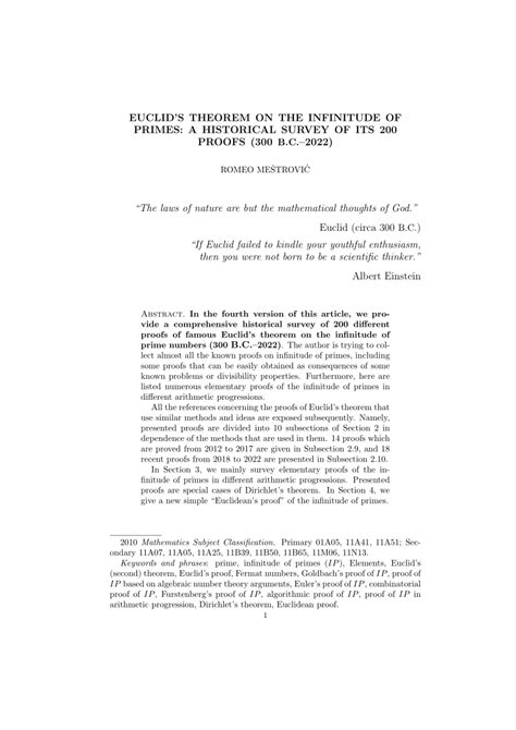Pdf Euclids Theorem On The Infinitude Of Primes A Historical Survey