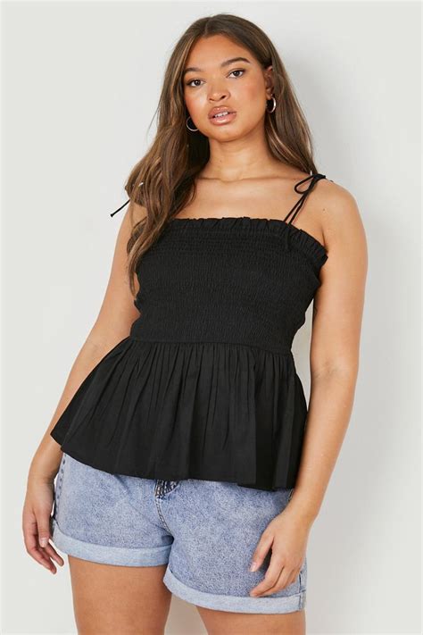Womens Black Plus Shirred Swing Cami Top Boohoo Uk