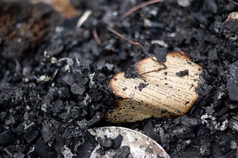 A Burnt Book On A Pile Of Ashes The Remains Of Pages In A Burnt House