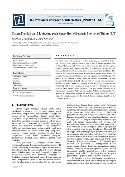 Pdf Sistem Kendali Dan Monitoring Pada Smart Home Berbasis Internet Of Things Iot