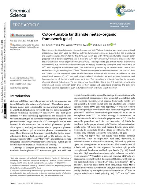 Pdf Color Tunable Lanthanide Metal Organic Framework Gels