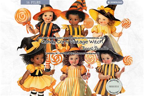 Candy Corn Vintage Witch Clipart Bundle Retro Halloween Etsy