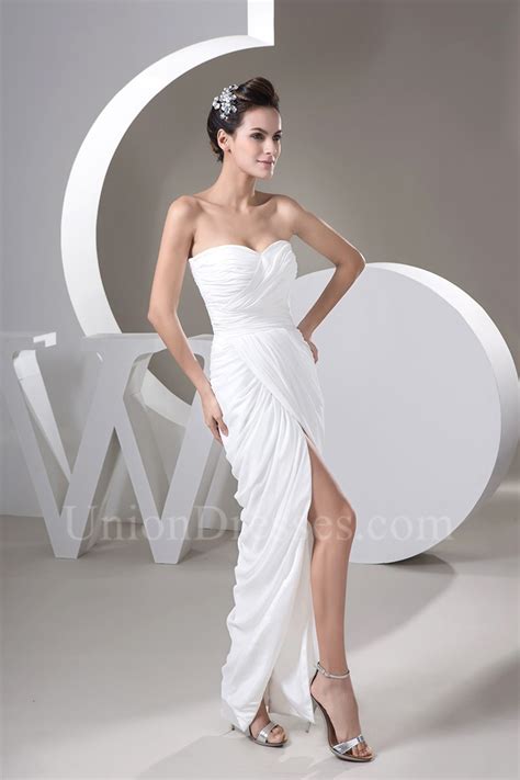 Sexy Sheath Sweetheart High Slit Ruched White Chiffon Beach Wedding