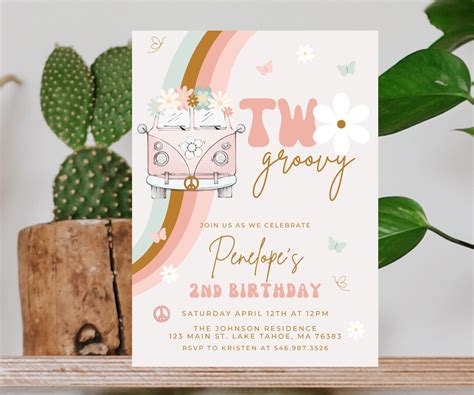 Two Groovy Second Birthday Invitation Editable Retro Daisy Etsy