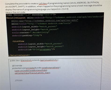 Solved Complete The Java Code To Create A ListView Of Chegg Com