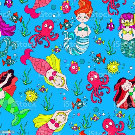 귀 엽 고 재미 있는 손으로 그려진된 인 어와 물고기 원활한 패턴 벡터 0명에 대한 스톡 벡터 아트 및 기타 이미지 0명 가공의 인물 공주 Istock