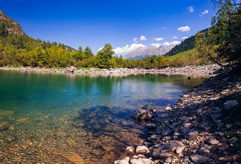 높은 코 카 서 스 산과 아름 다운 나무 중 높은 산악 Baduk 호수의 거 대 한 파노라마 화창한 여름 날입니다 0명에 대한 스톡 사진 및 기타 이미지 Istock