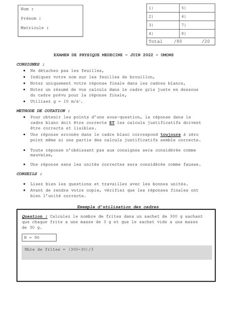 Examen physique juin médecine corrigé EXAMEN DE PHYSIQUE MEDECINE JUIN UMONS