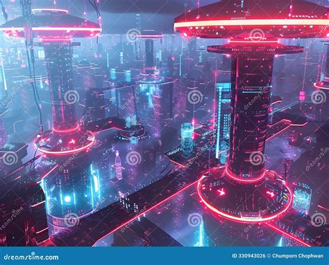 Futuristic Telecommunications Center With Neon Lit Robotic Signal Boosters And Bioluminescent