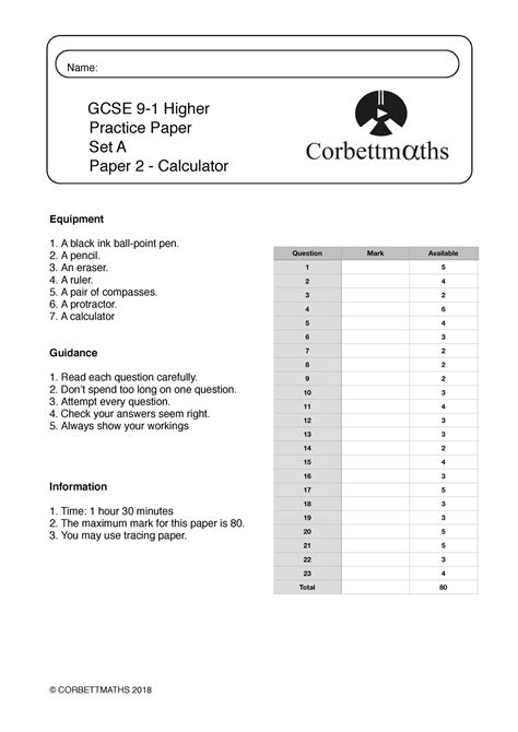 Higher Set A Paper 2 Maths Name GCSE 9 1 Higher Practice Paper Set