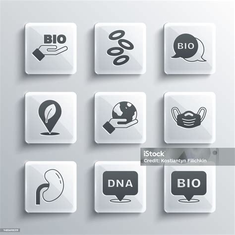Dna 기호 바이오 건강 식품 의료 보호 마스크 지구 지구본을 들고 있는 손 인간의 신장 잎이 있는 위치 및 아이콘을 설정합니다