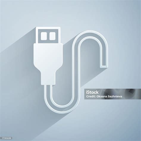 회색 배경에서 분리된 Usb 케이블 코드 아이콘을 용지 잘라냅니다 Pc 및 모바일 장치를 위한 커넥터 및 소켓 종이 아트 스타일
