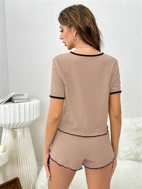Contrast Binding Lettuce Trim Lounge Set Short Sets Loose Fitting