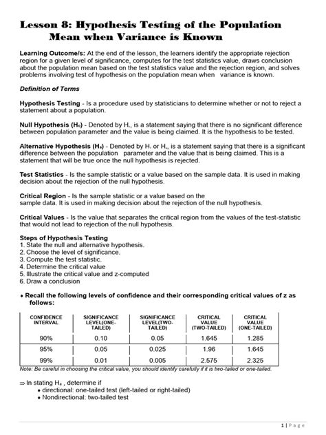 Hypothesis Testing When Variance Is Known Pdf